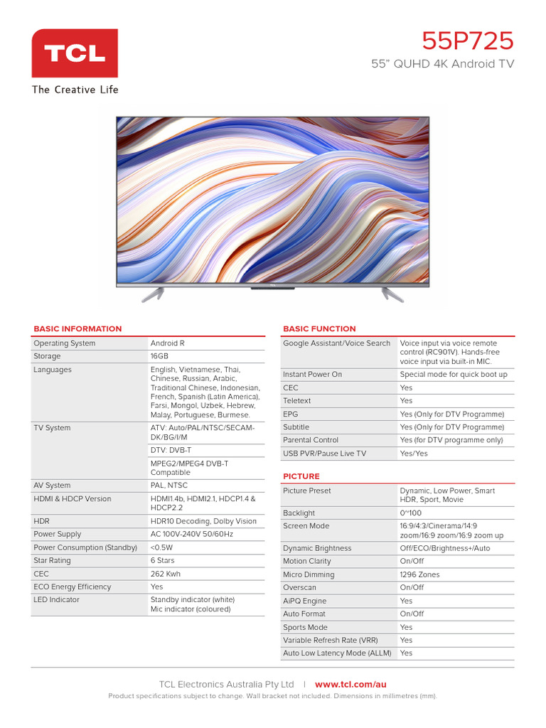 55P725 Product Specifications | PDF | Hdmi | Television Technology