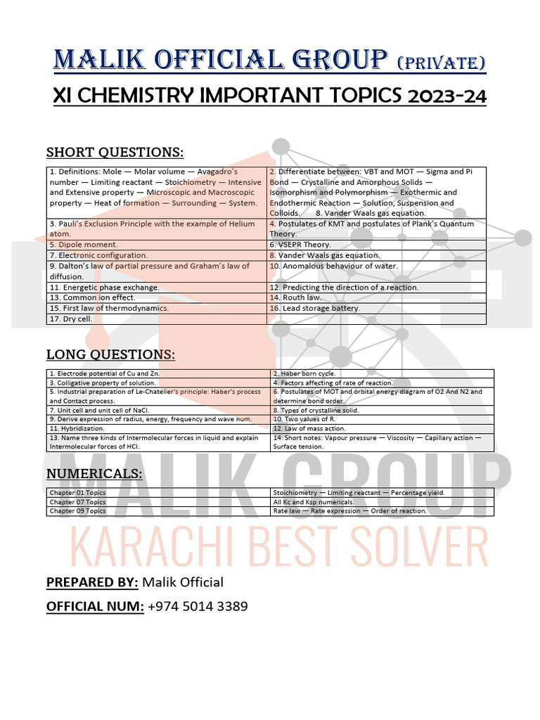Xi Chemistry - Important Topics - Malik Group | PDF