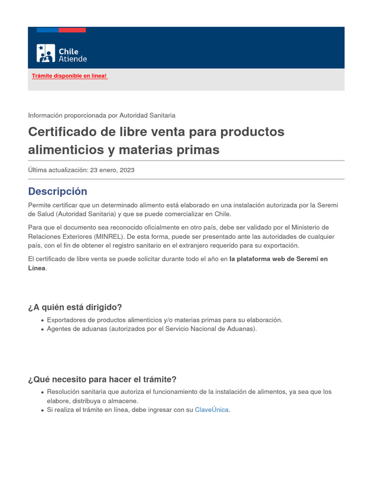 Certificado de Libre Venta para Productos Alimenticios y Materias Primas | Descargar gratis PDF ...