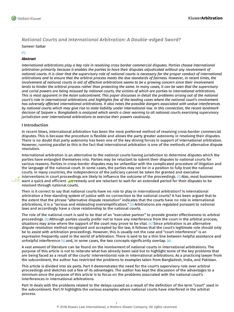2010-Sattar-National Courts and International Arbitration - A Double-Edged Sword | PDF ...