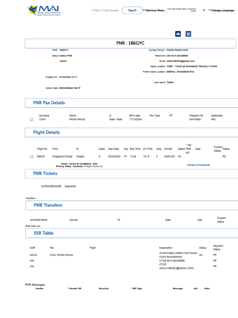 TZMAI - TAR ZWA SHWE MYAY TRAVELS Reservation Edit | PDF | World Wide Web | Internet & Web
