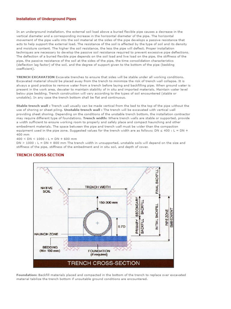 Installation of Underground Pipes | PDF | Trench | Pipe (Fluid Conveyance)