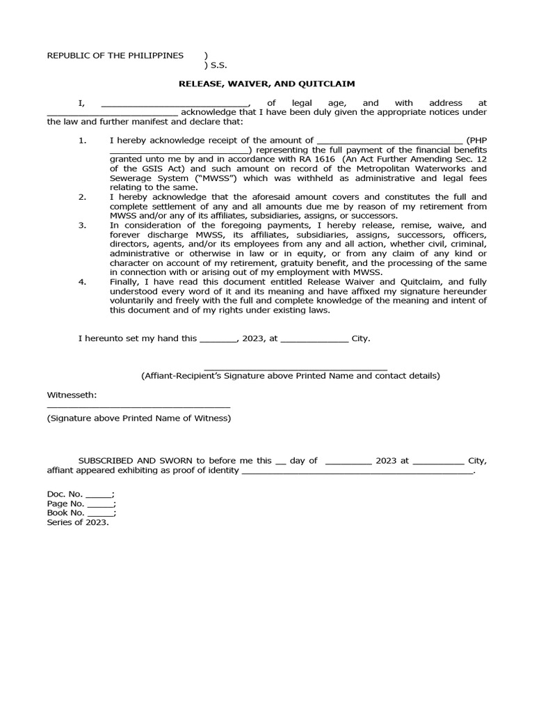 Release Waiver and Quitclaim Sample | PDF | Justice | Crime & Violence