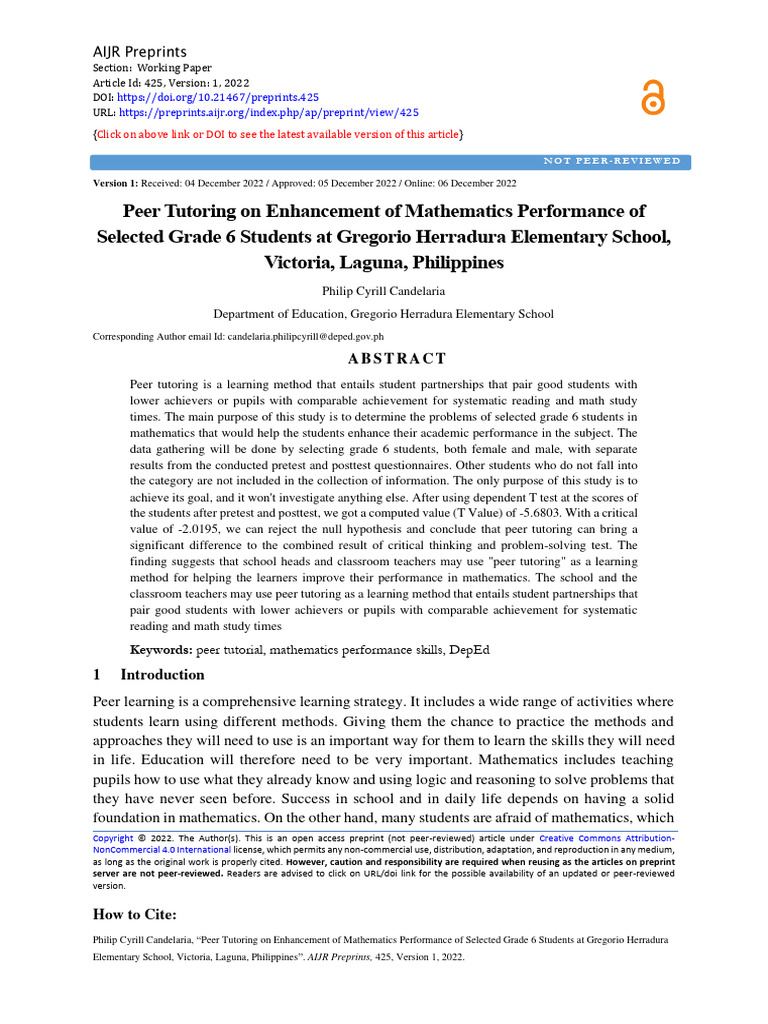 Peer Tutoring On Enhancement of Mathematics Perfor | PDF | Career & Growth