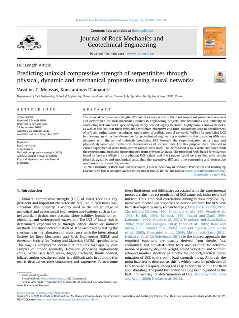 Predicting Uniaxial Compressive Strength of Serpen - 2021 - Journal of Rock Mech | PDF | Errors ...