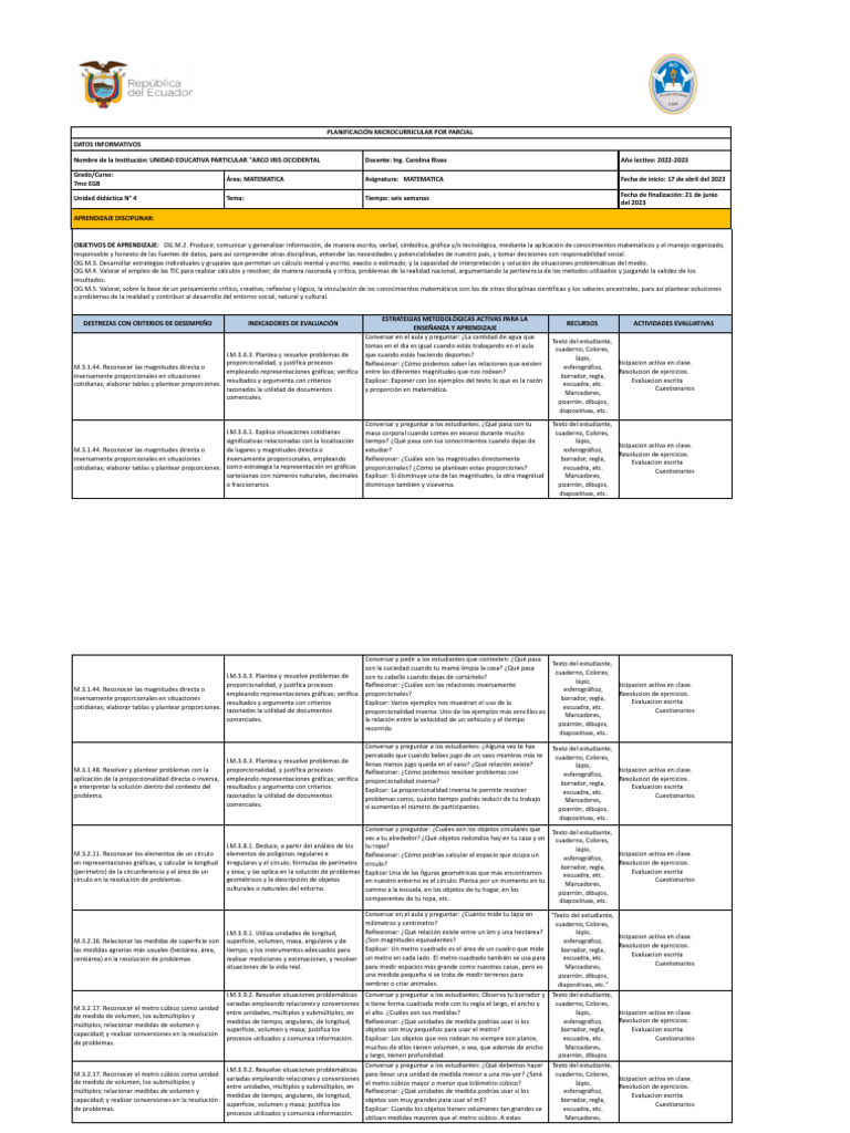 Planificación Microcurricular Matemática 7mo EGB | PDF