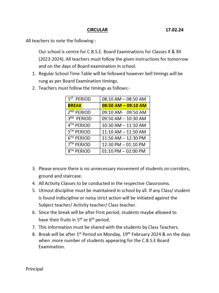 C.B.S.E. Board Examination Instructions & Timimgs 15.02.2024 | PDF