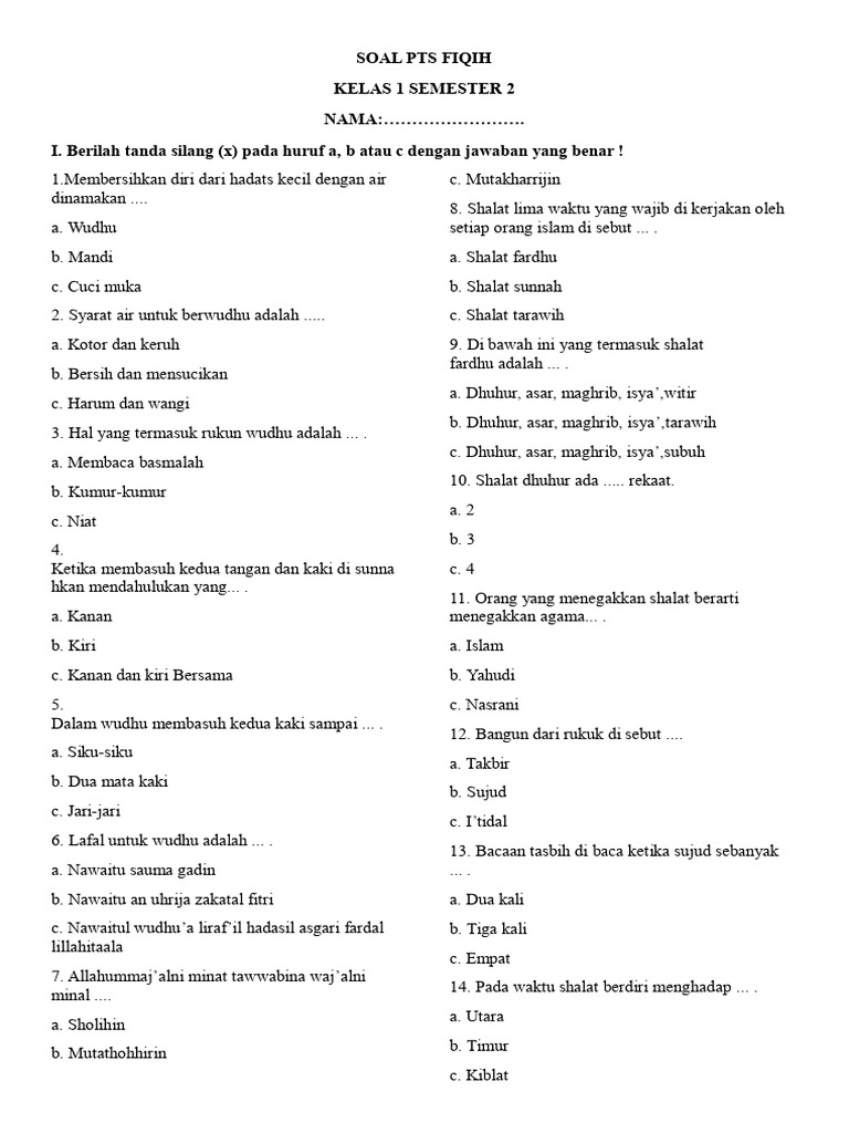 Soal PTS Fiqih Sem.2 KLS 1 | PDF