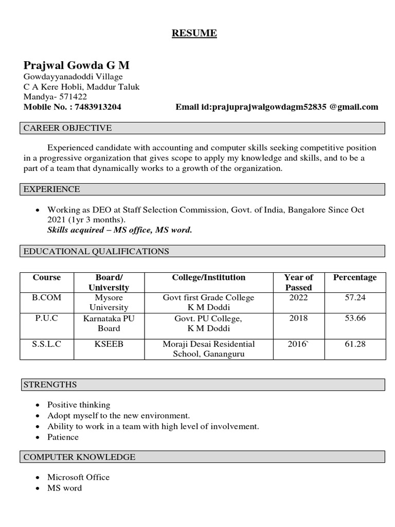 Prajwal Gowda Resume: Accounting & Computer Skills | PDF