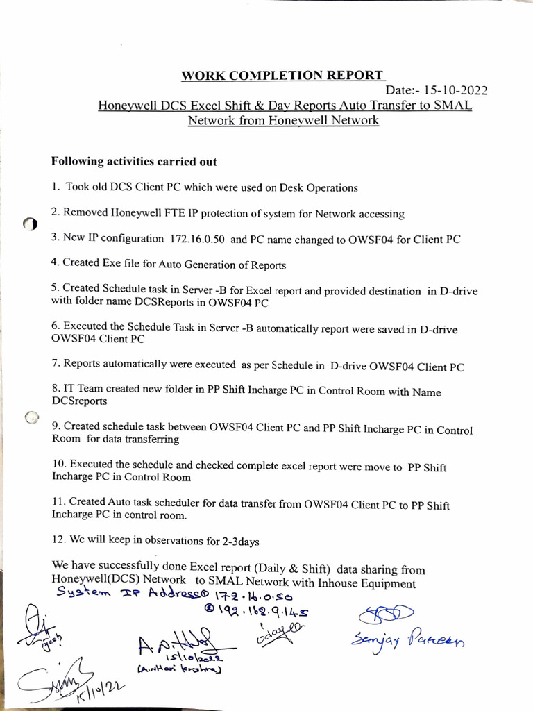Work Completion Report of Excel Report Sharing From Honeywell DCS Network To SMAL Network - 2 | PDF
