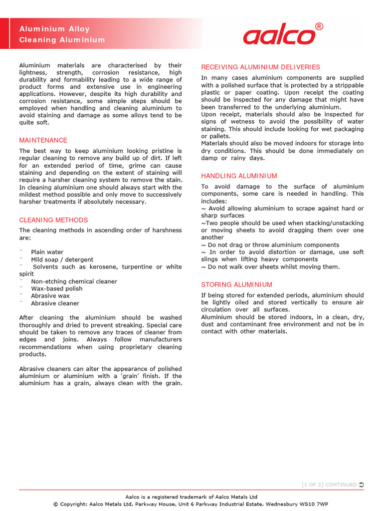 Aalco Metals LTD Aluminium Alloy Cleaning Aluminium 52 | PDF ...
