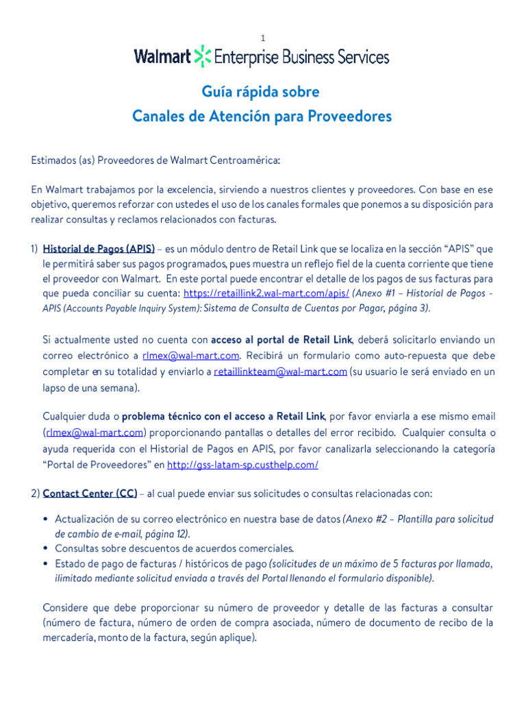 Walmart EBS LA CAM - Canales de Atención A Proveedores - Guía 2022 | PDF