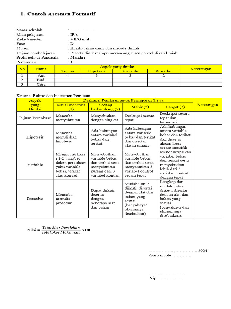 Contoh Asesmen Formatif Dan Instrument Penilaian - IVAN PRATAMA | PDF