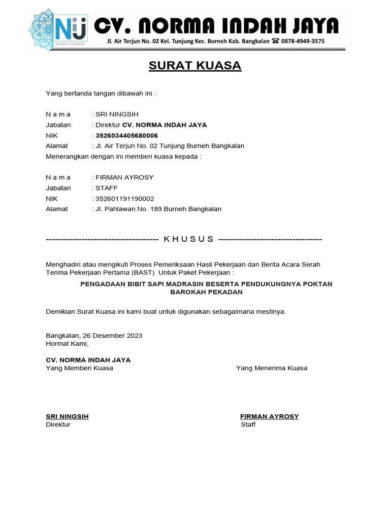 Surat Kuasa Pengambilan BAST Pekerjaan | PDF