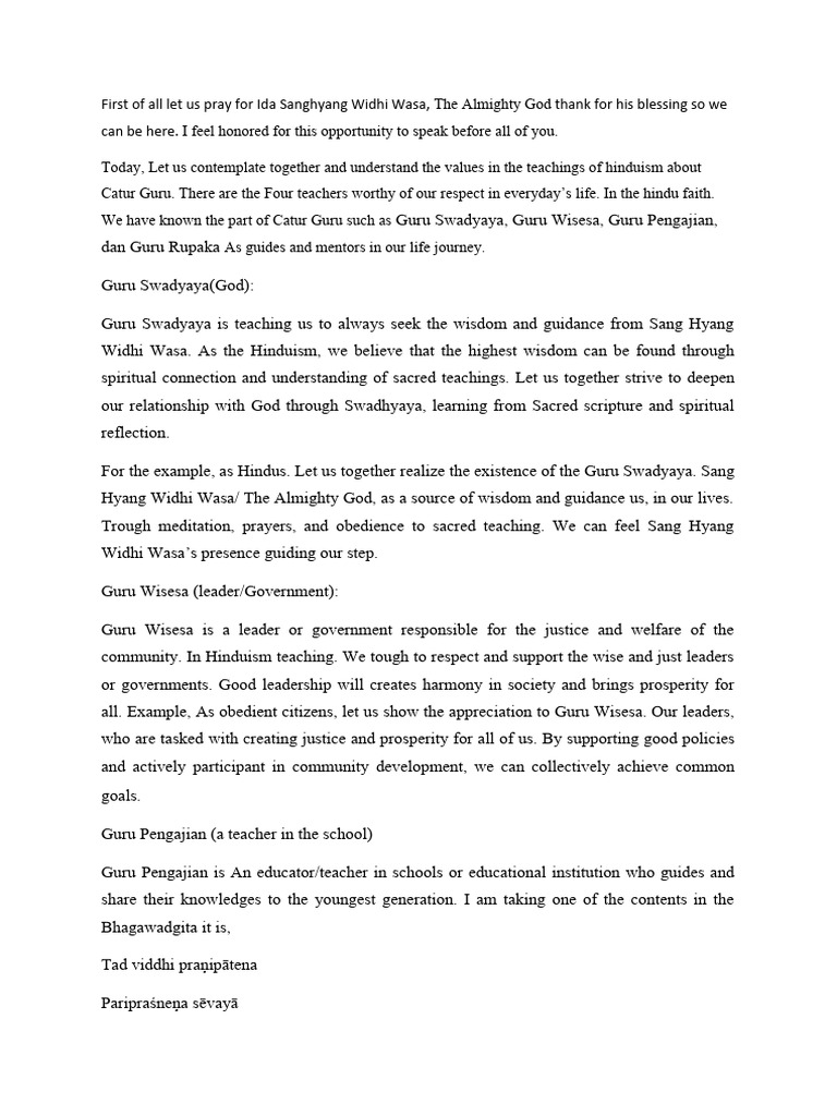 Darma Wacana Catur Guru Dalam Bahasa Inggris | PDF | Guru | Prayer