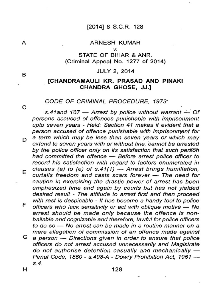 Arnesh Kumar Vs State of Bihar | PDF | Arrest | Bail