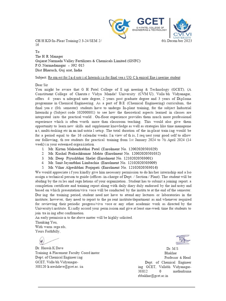 GNFC Internship Request for GCET Students | PDF