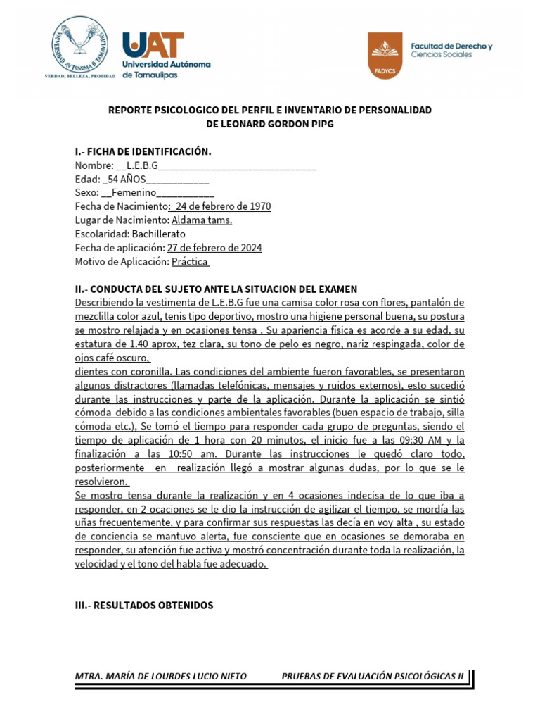 2023 - Reporte Psicologico Del Pipg-1 | PDF | Crecimiento personal y ...