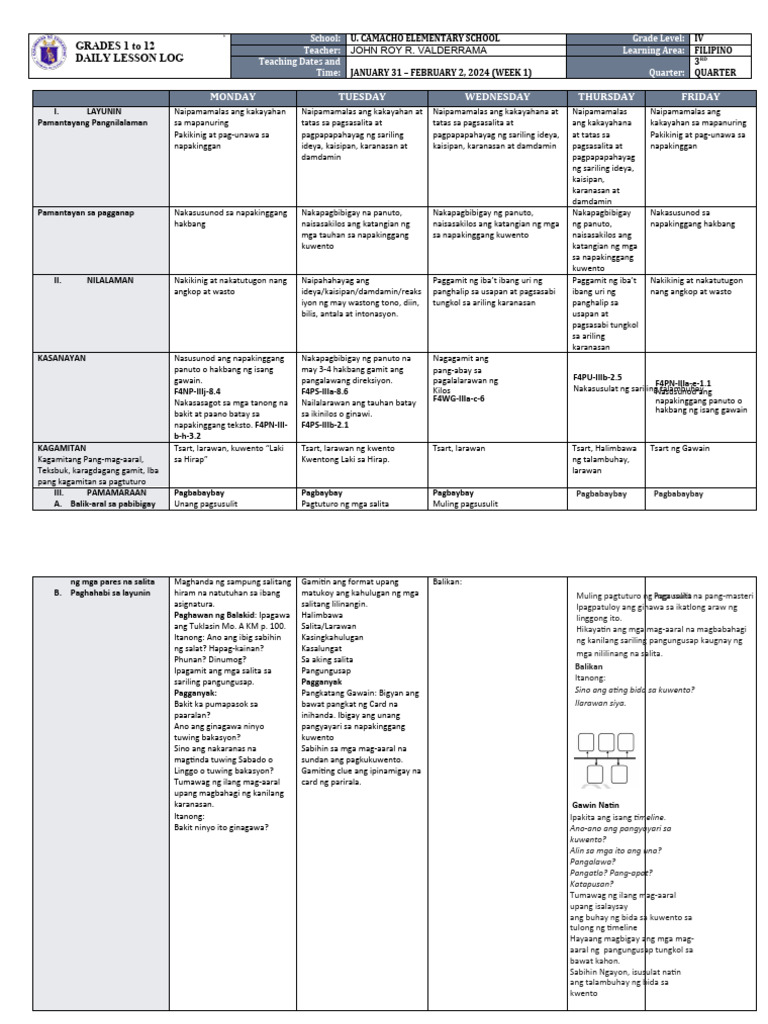 DLL Filipino 4 q3 w1 | PDF