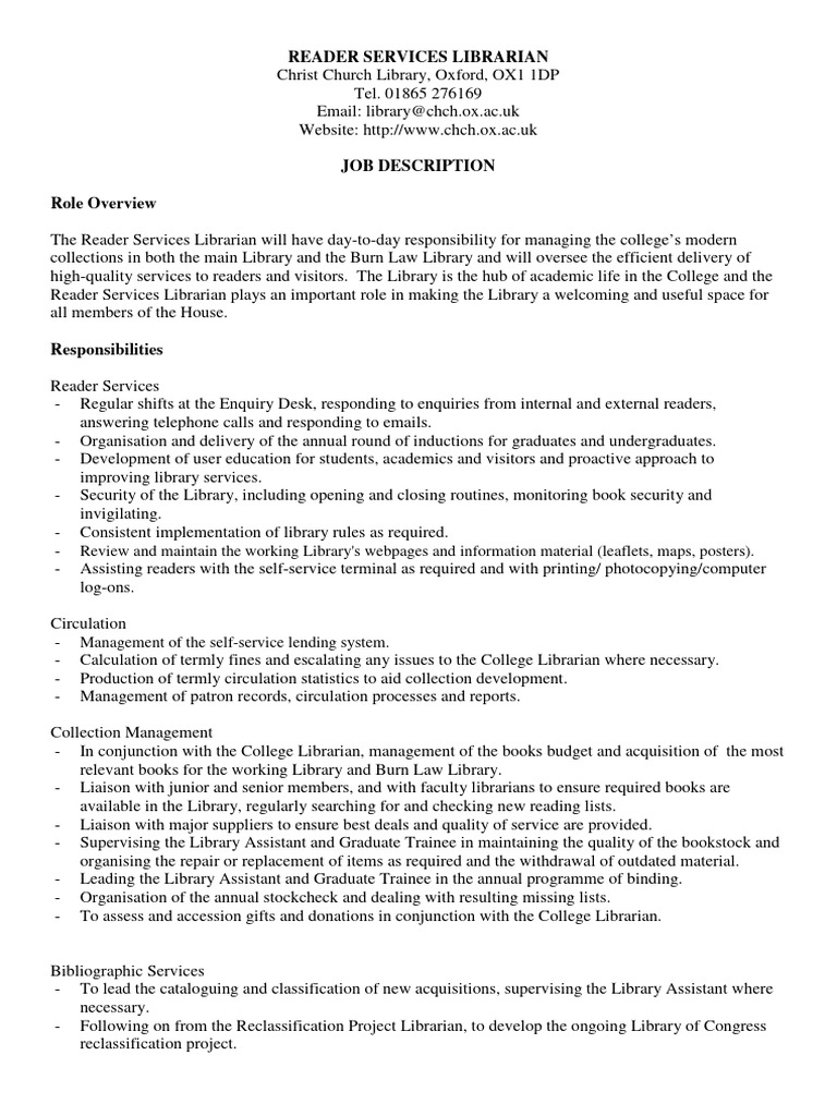 Reader Services Librarian 2017 - Job Description and Further ...