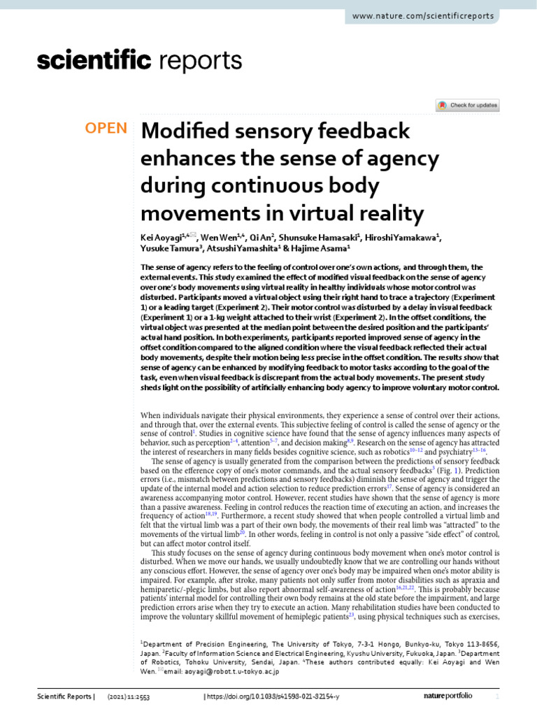 Modified Sensory Feedback Enhances The Sense of Agency During ...