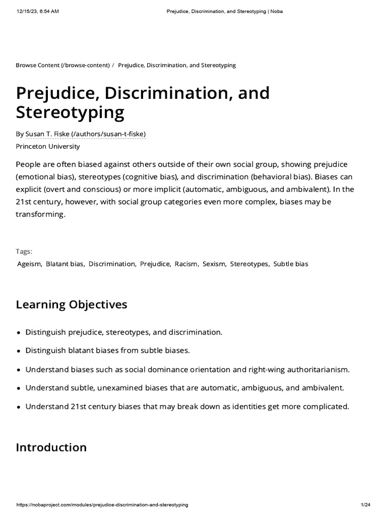 Prejudice, Discrimination, and Stereotyping - Noba | PDF | Stereotypes | Prejudices