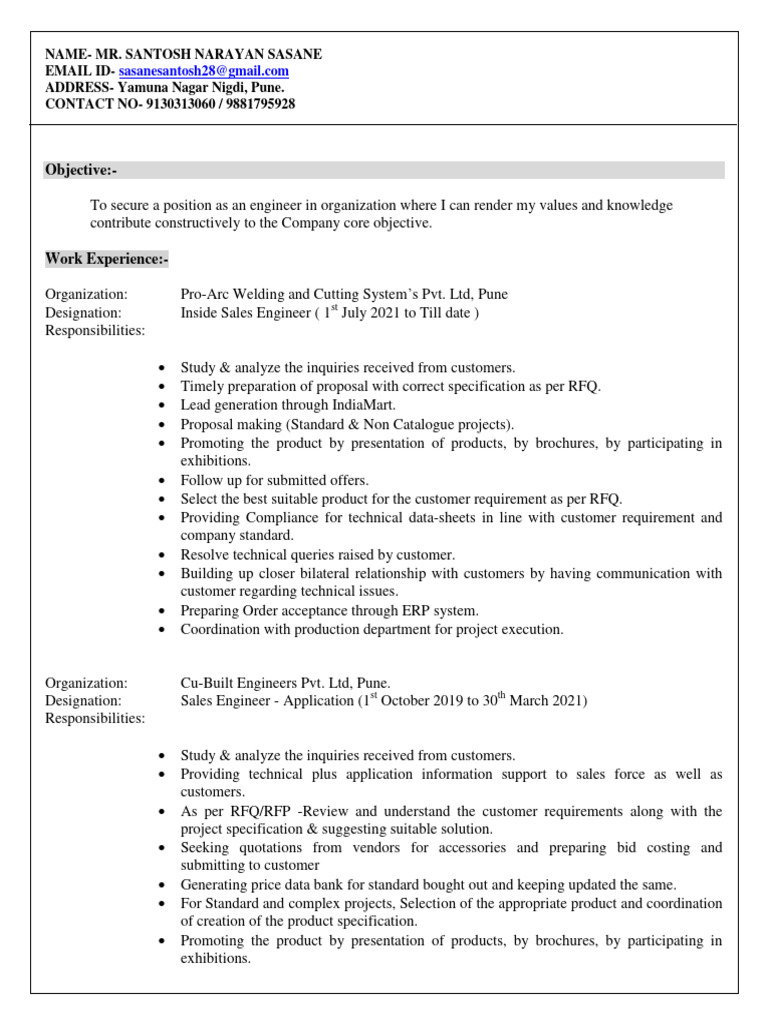 Sales Engineer Resume - Santosh Sasane | PDF | Enterprise Resource Planning | Specification ...