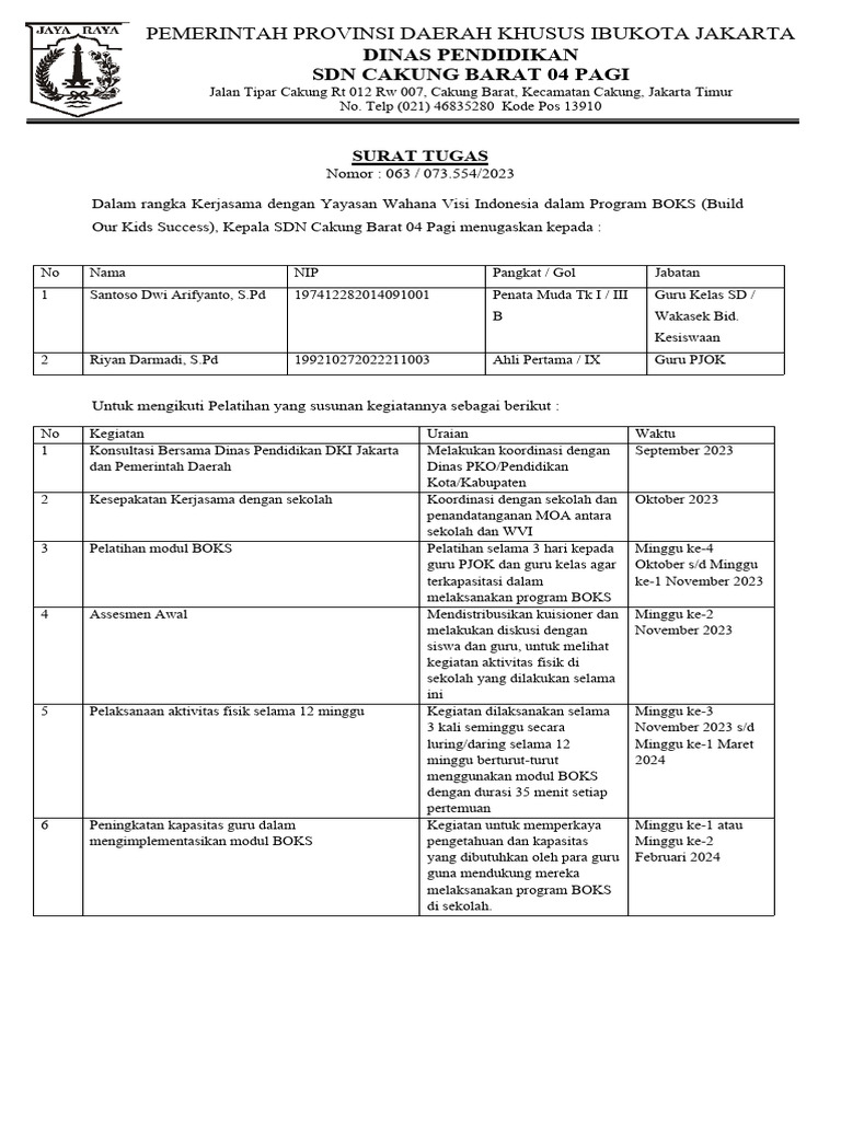 Surat Tugas Program BOKS (Santoso, Riyan) | PDF