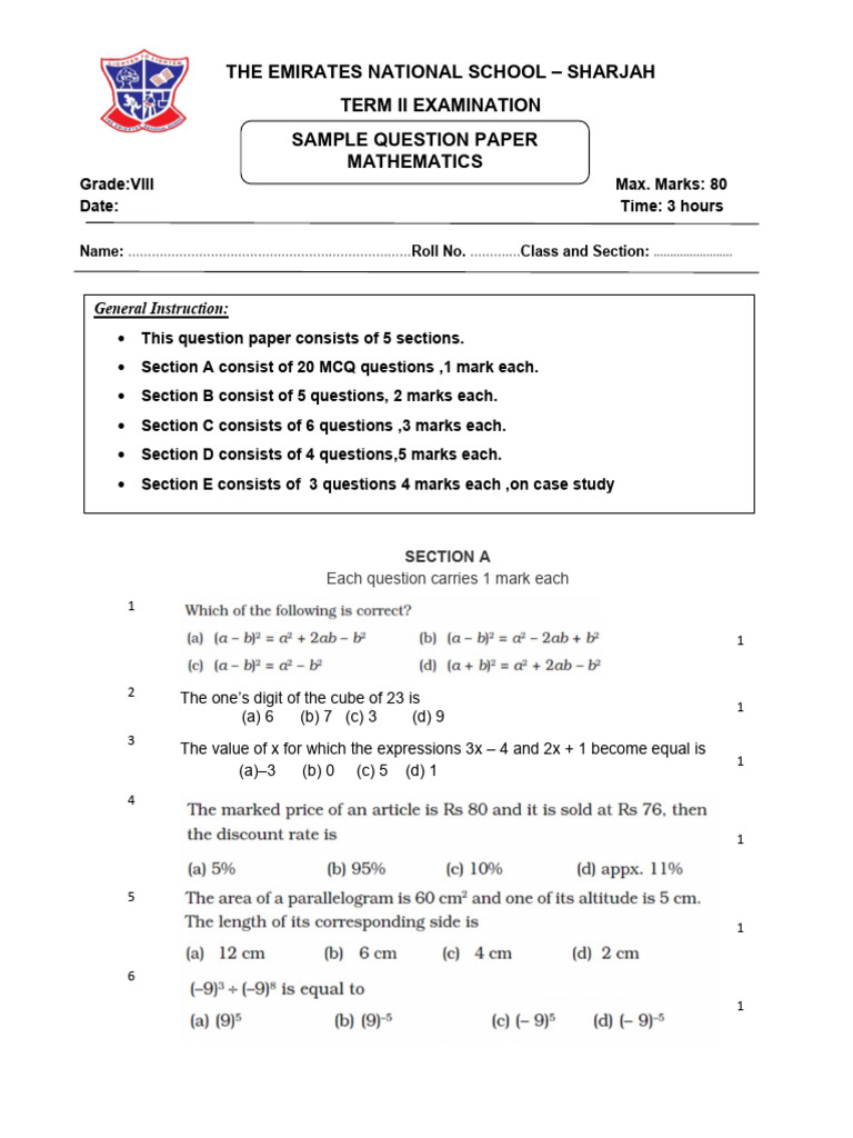 SQP Maths Grade 8 | PDF