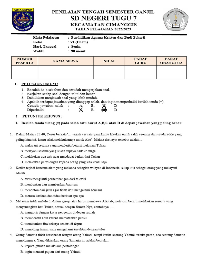 Soal PTS Agama Kristen Kls 6 2023-2024 | PDF
