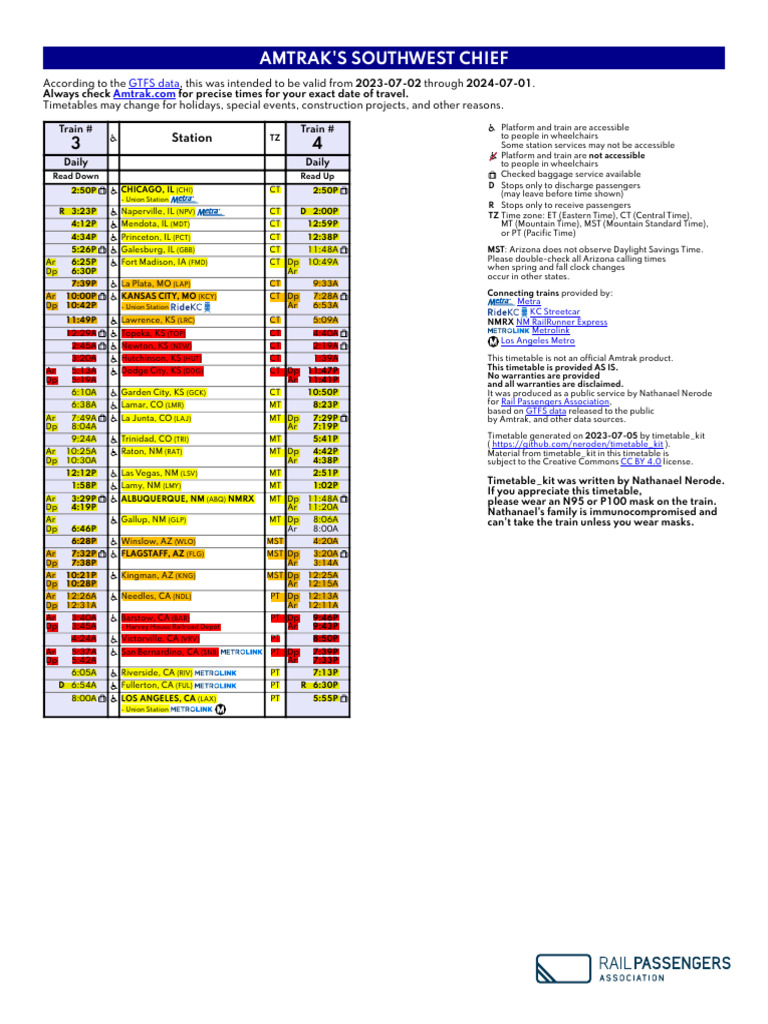 Amtrak Southwest Chief 2025 Timetable | PDF