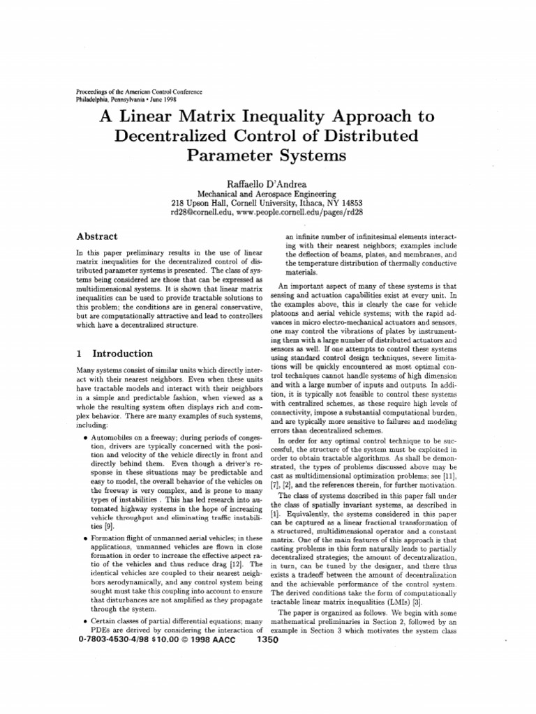 A Linear Matrix Inequality Approach To Decentralized Control of Distributed Parameter Systems ...