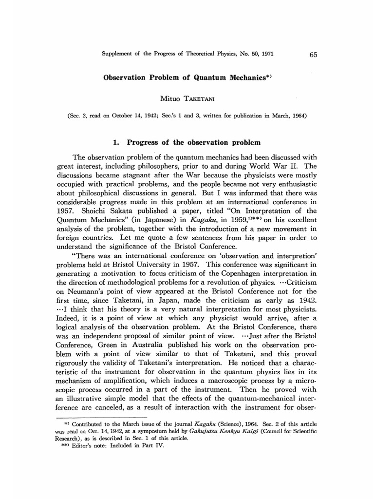 1971 Mituo Taketani - Observation Problem of Quantum Mechanics | PDF