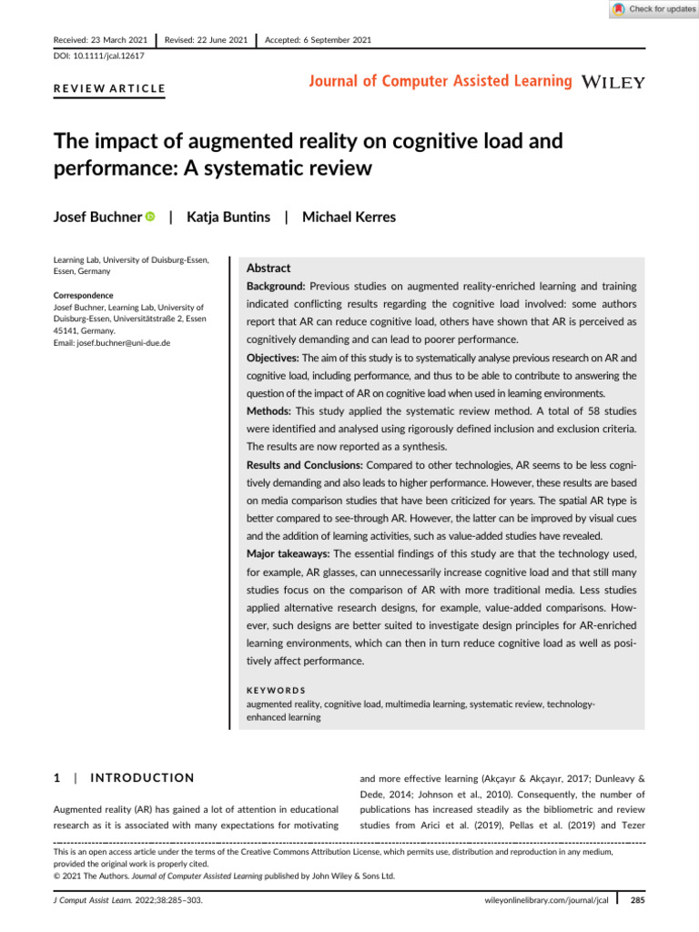 The Impact of Augmented Reality On Cognitive Load and Performance A Systematic Review | PDF