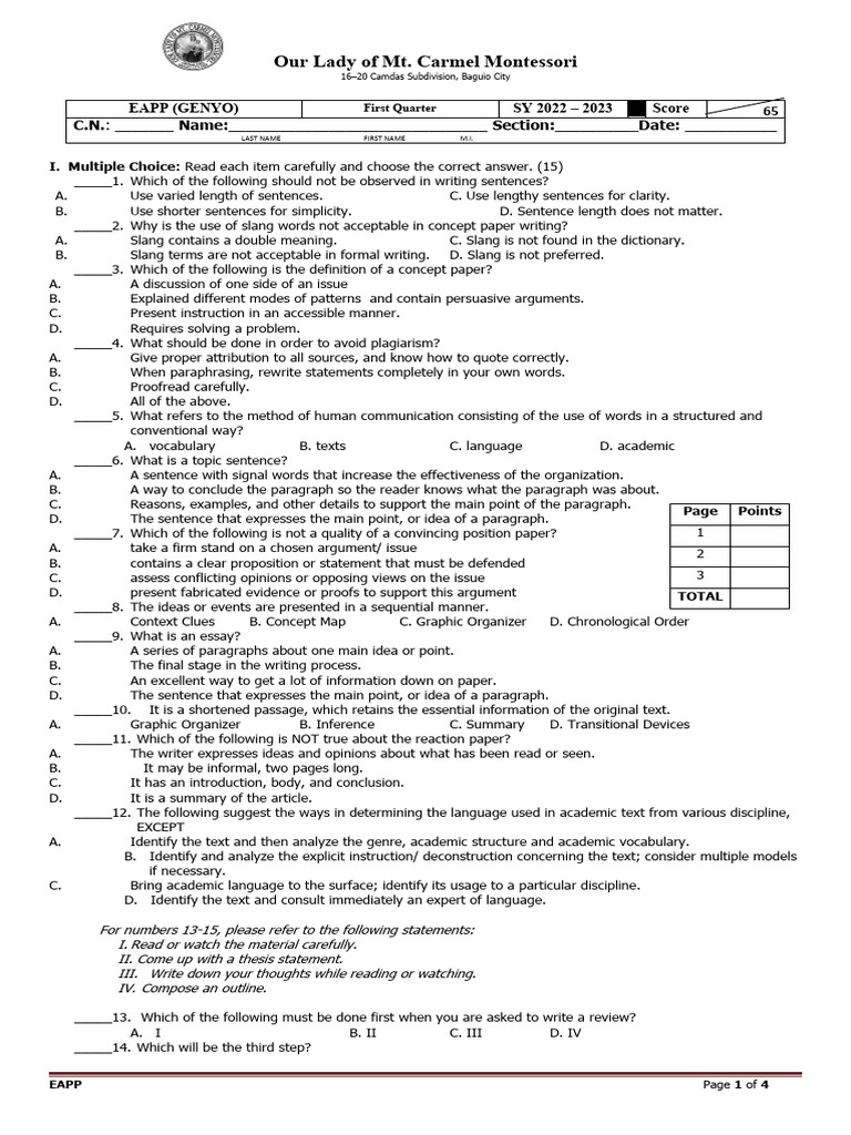 EAPP First Quarter Exam | PDF