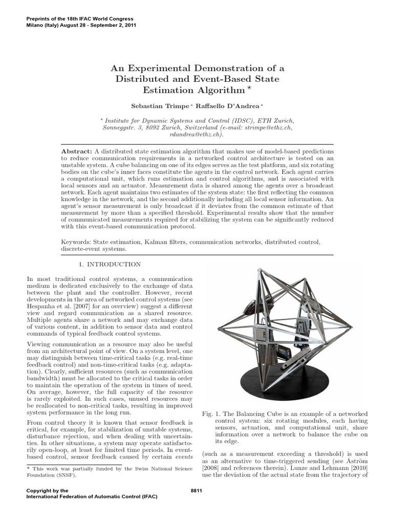 2011 An Experimental Demonstration Of A Distributed And Event Based State Estimation Algorithm Pdf
