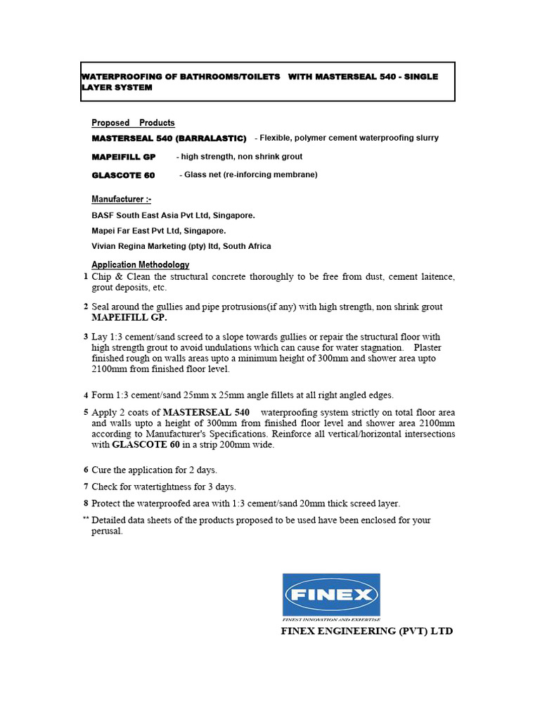 Method Statement of Bathroom Waterproofing | PDF
