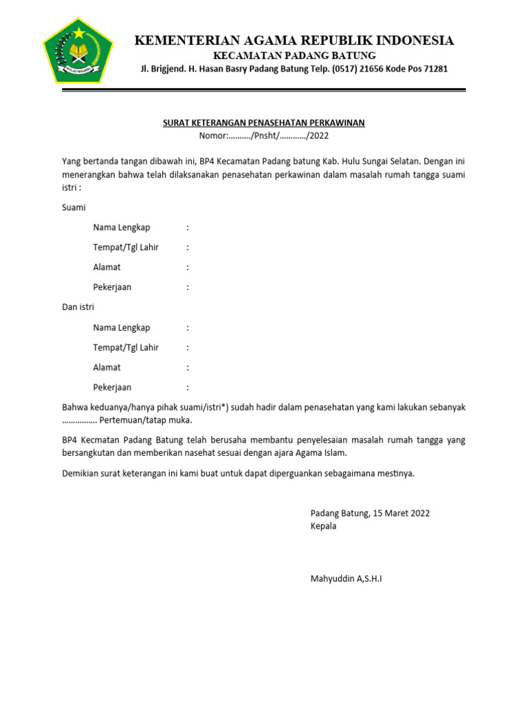 Surat Keterangan Penasehatan Perkawinan BP4 | PDF