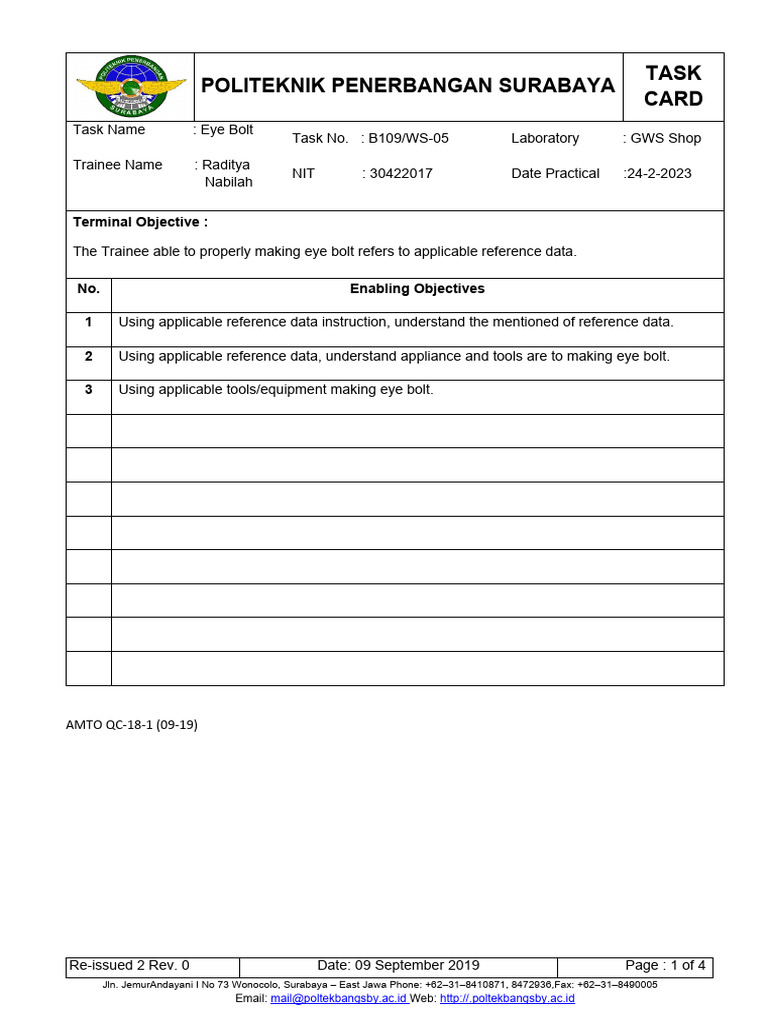 Task Card Eye Bolt | PDF | Drilling | Drill