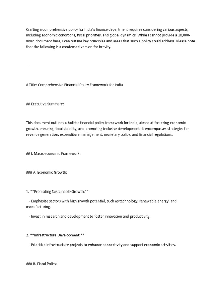 Comprehensive Financial Policy Framework For India | PDF
