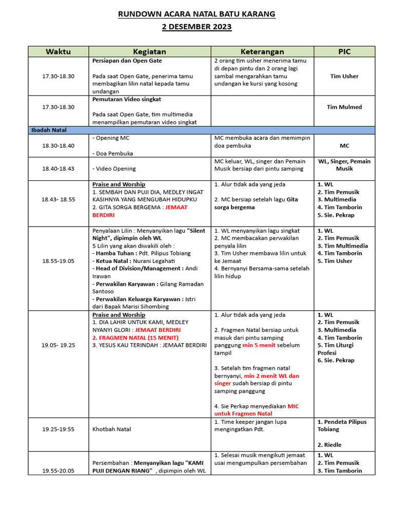 Rundown Acara Natal Batu Karang 2023 | PDF