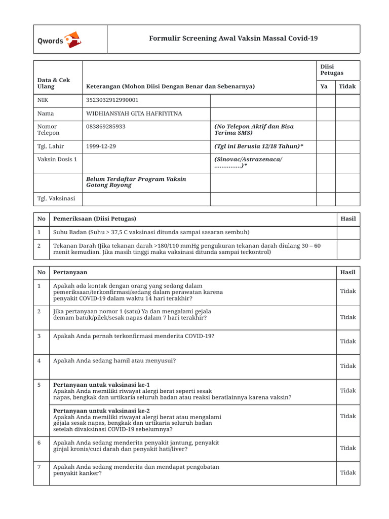 Formulir Screening Awal Vaksin Covid-19 | PDF