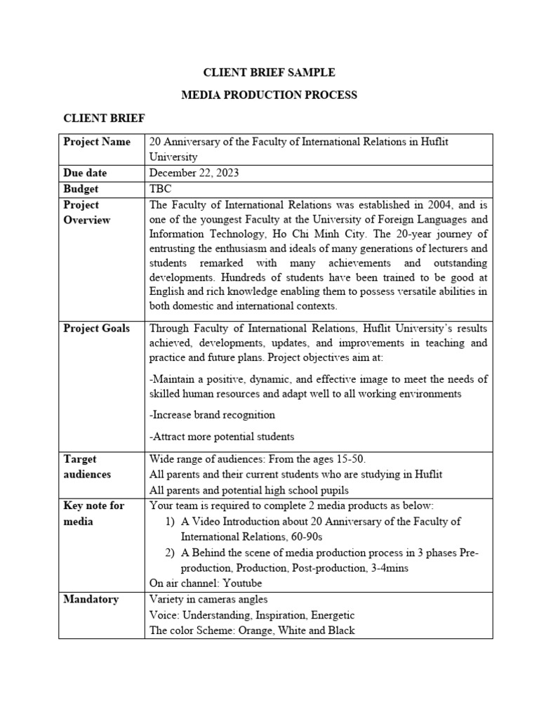Client Brief For Final Media Product - 2020 | PDF