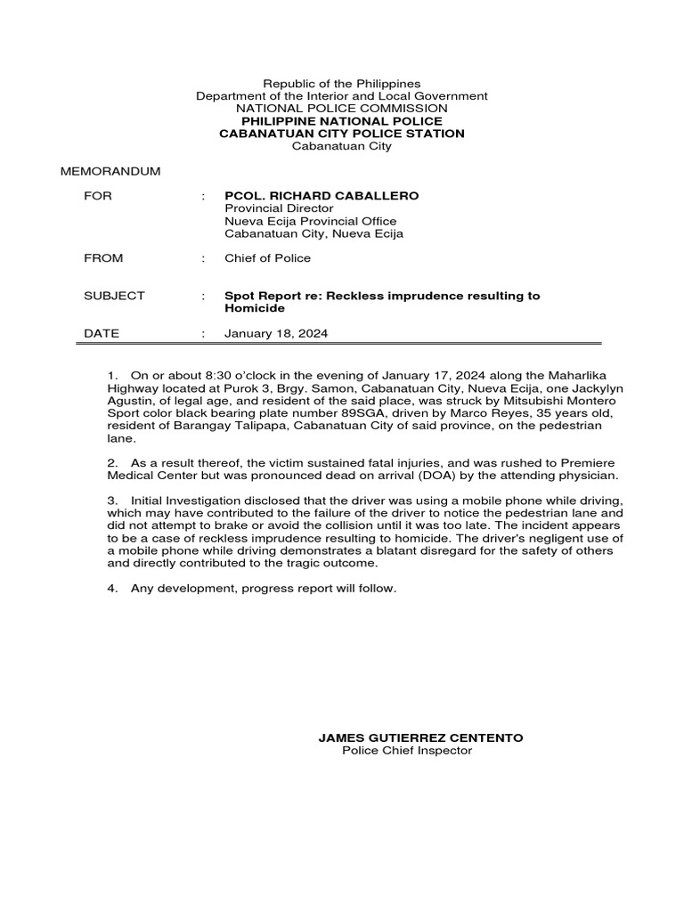 Police Report: Reckless Homicide | PDF | Politics | Social Science