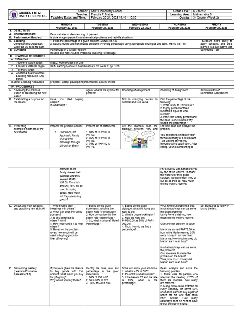 Math 5 DLL - Q3 - Week 2 | PDF | Percentage | Conceptual Model