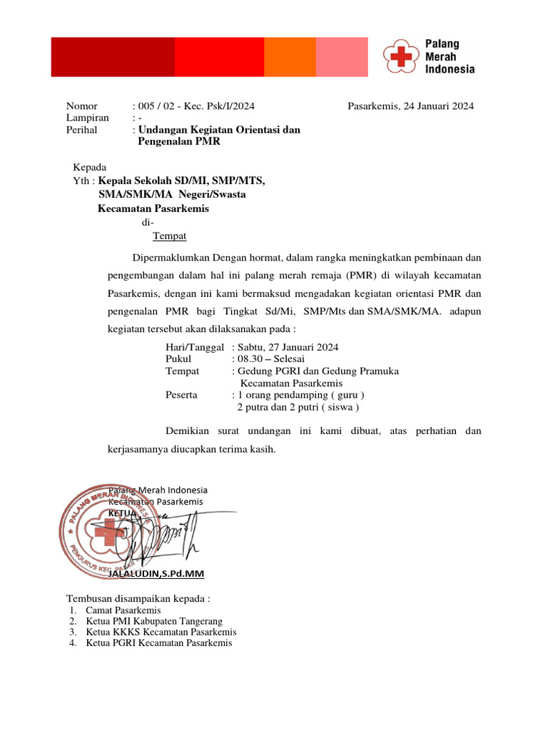 Surat Undangan Orientasi PMR Pasarkemis | PDF