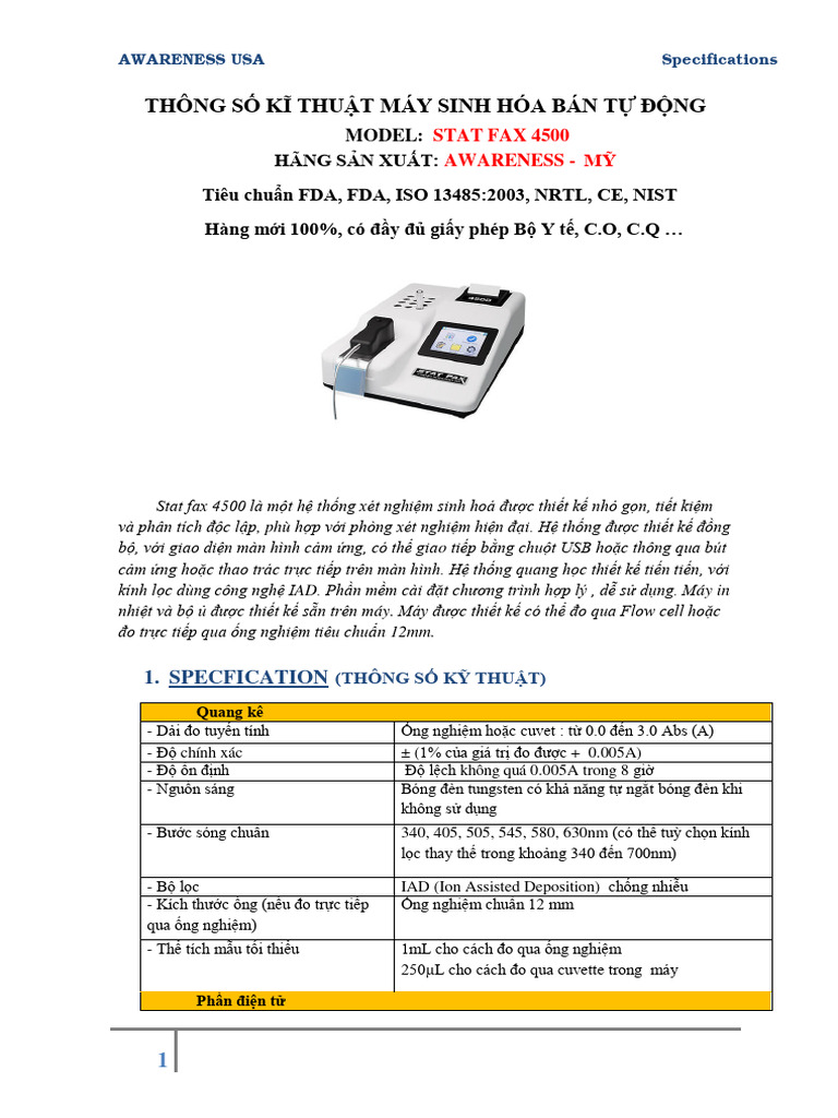 Thong So Ky Thuat Va Danh Muc Cac Xet Nghiem Tren May Stat Fax 4500 | PDF