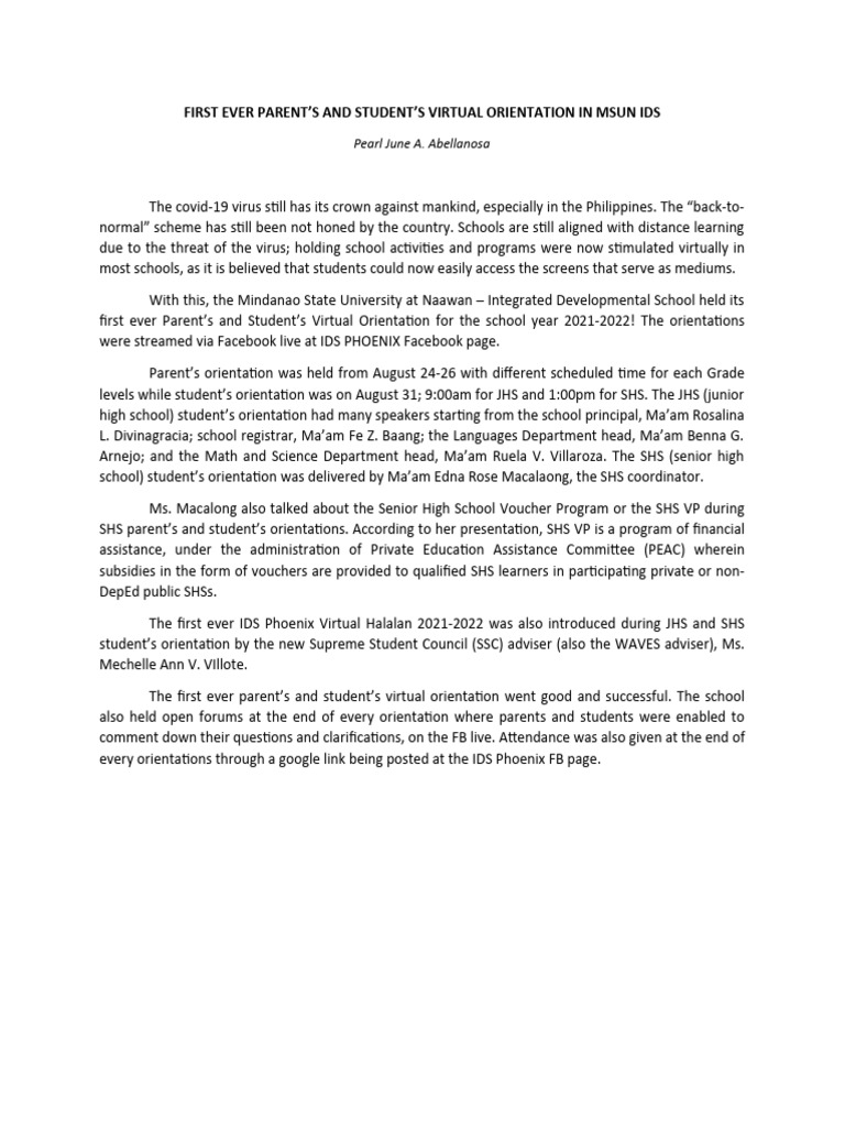 First Ever Parent's and Student's Virtual Orientation in Msun Ids ...