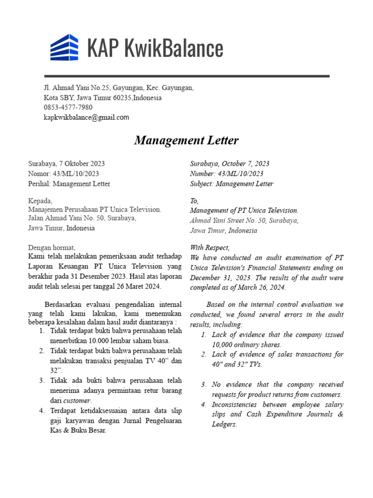 Management Letter & Engangement | PDF | Bisnis