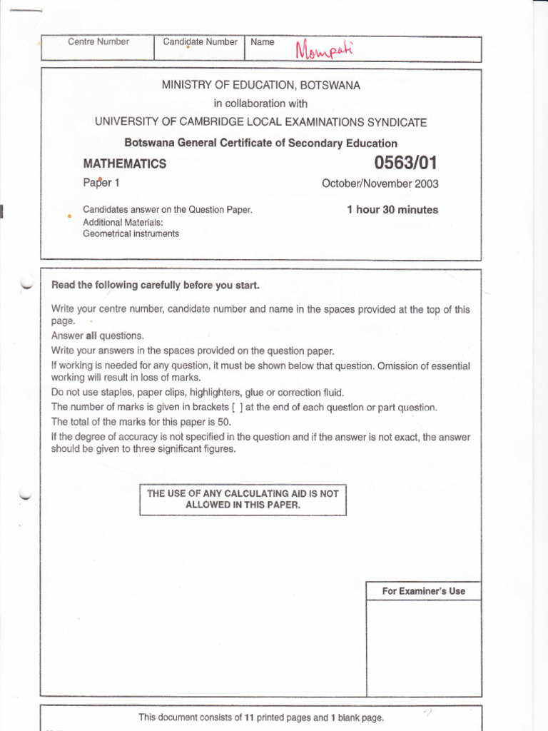 Bgse Maths Pp1 2003 Solutions | PDF | Circle | Mathematics
